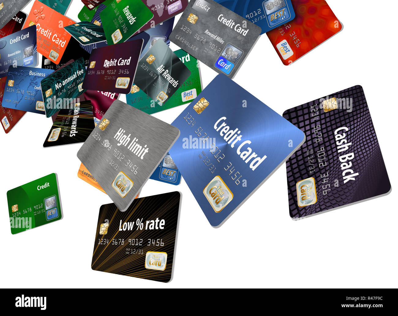 Here is a group of floating, flying mock credit cards in an ...