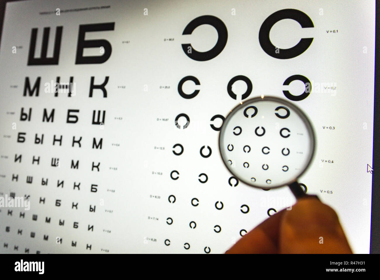 negative concave ophthalmic lens on a blurred background of ETDRS and c ...