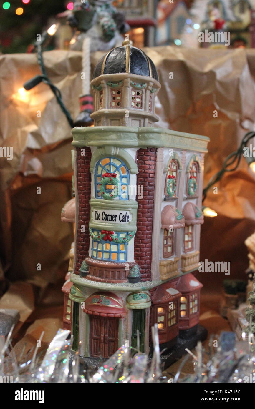 Miniature the Corner Cafe restaurant displayed as Christmas holiday ...