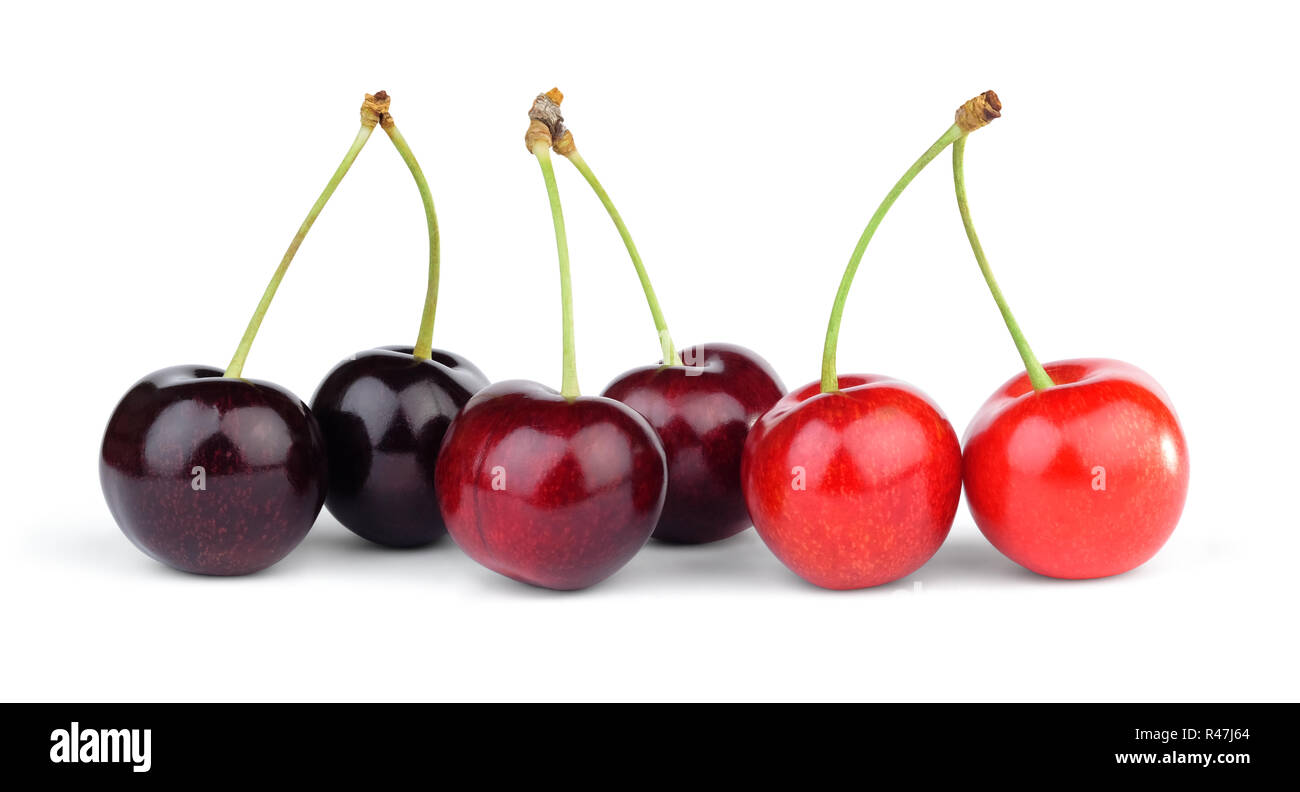 Three pairs of different varieties of sweet cherries on stalk, isolated ...