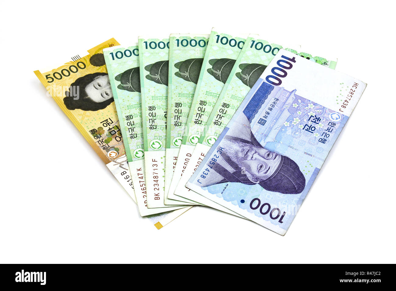 Korean Won currency bills isolated on white background Stock Photo - Alamy