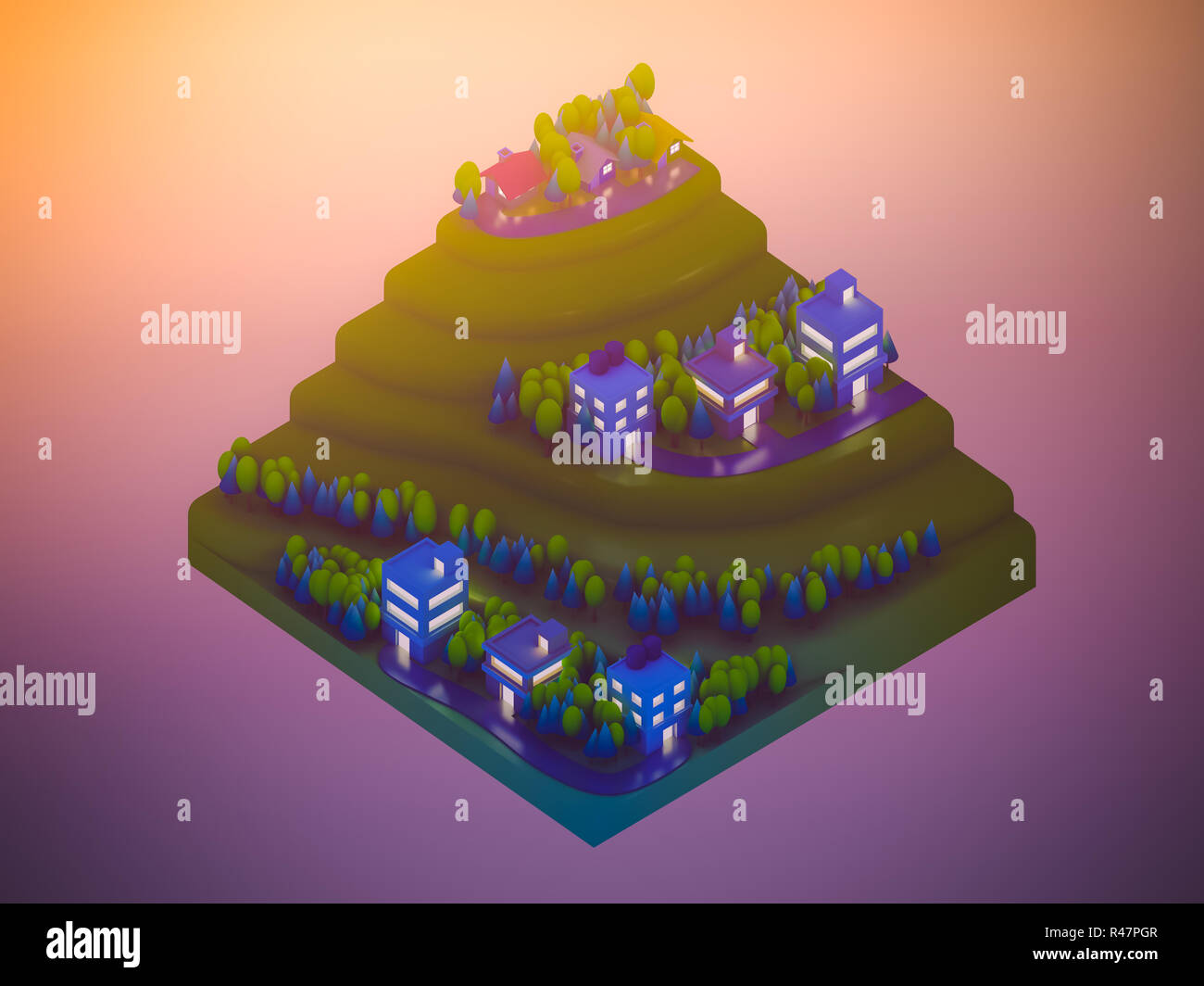 isometric city buildings, landscape, Road and river, night scene Stock ...
