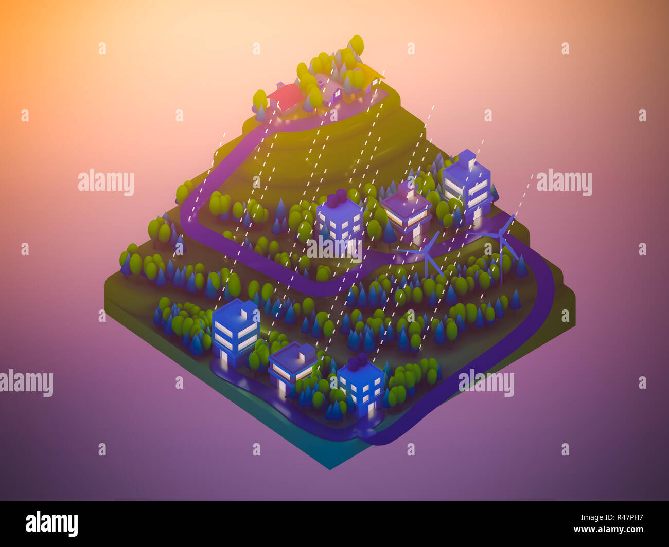 isometric city buildings, landscape, Road and river, night scene Stock ...