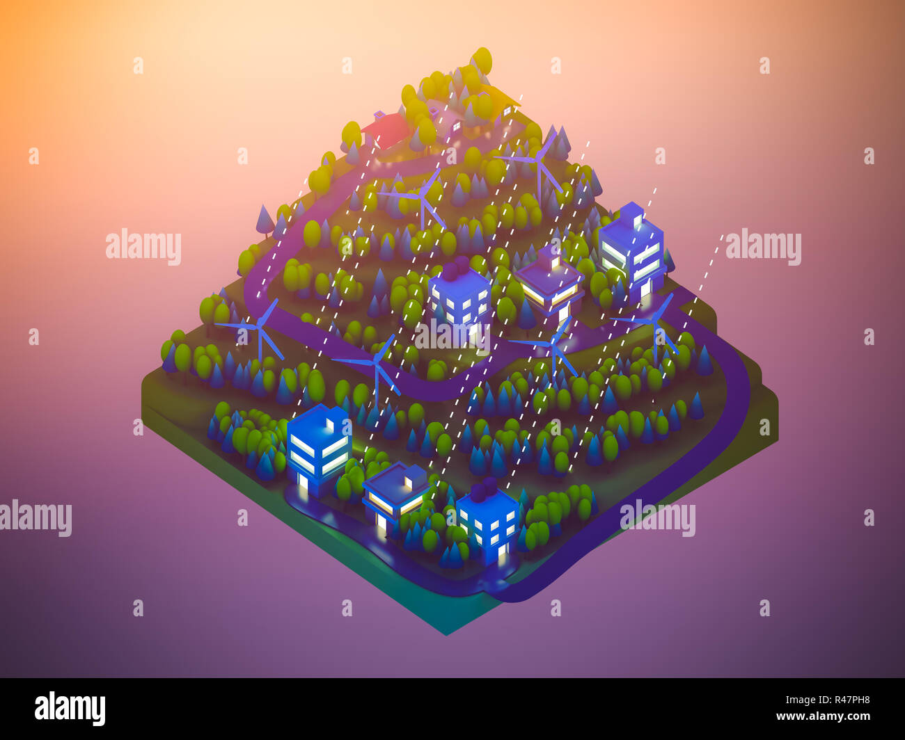 isometric city buildings, landscape, Road and river, night scene Stock ...
