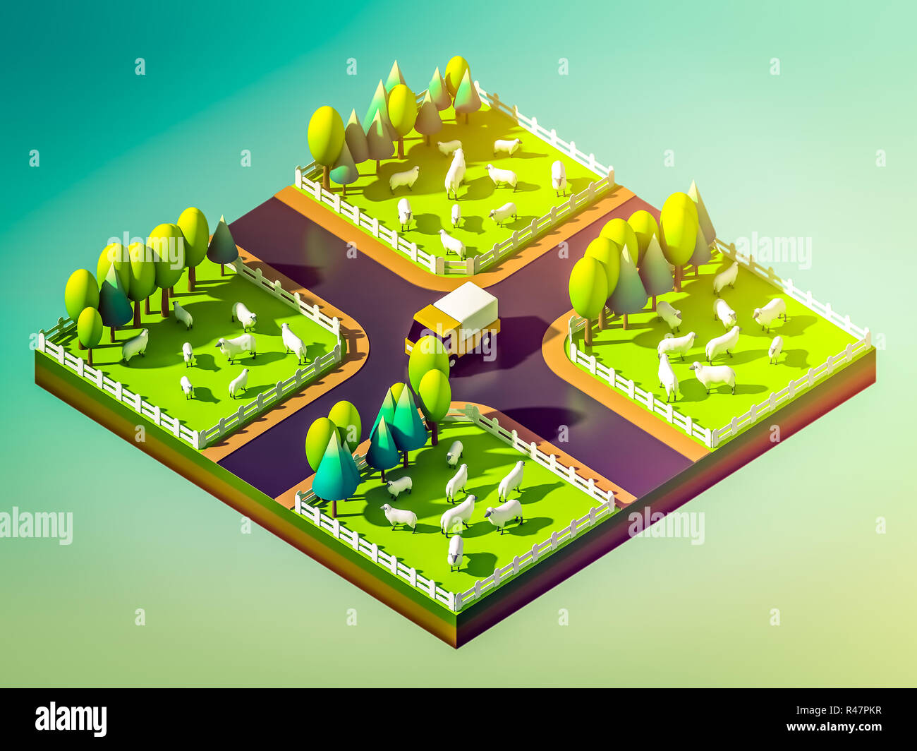 Sheep in the landscape, isometric view Stock Photo - Alamy