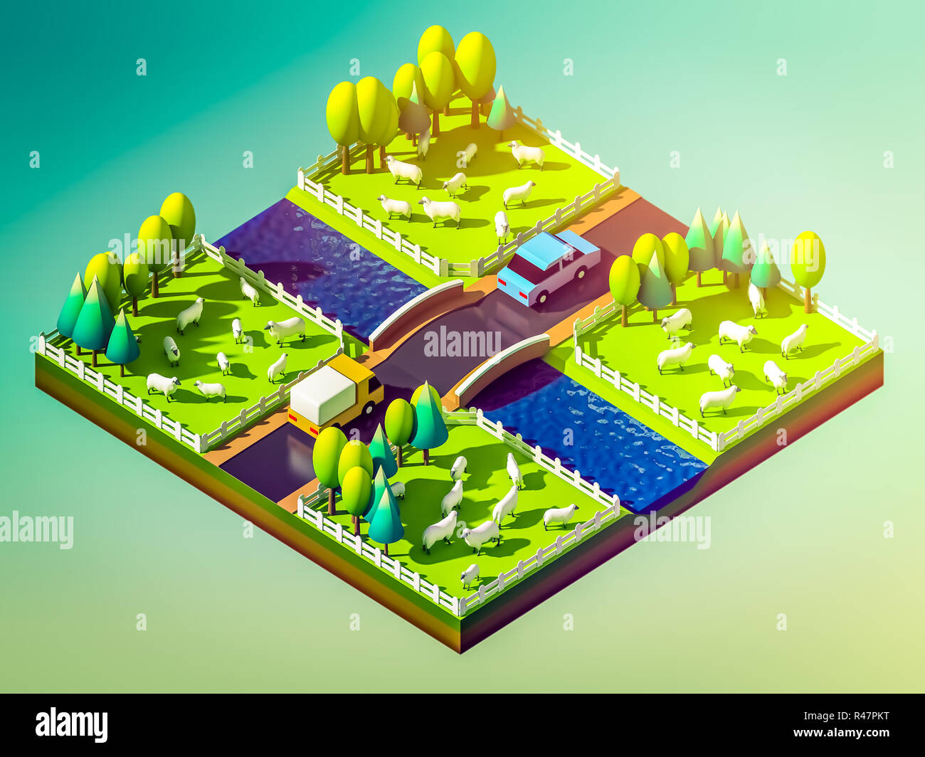 Sheep in the landscape, isometric view Stock Photo - Alamy
