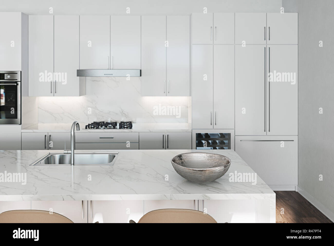 Empty clean white kitchen with island and barstools 3d render close up ...