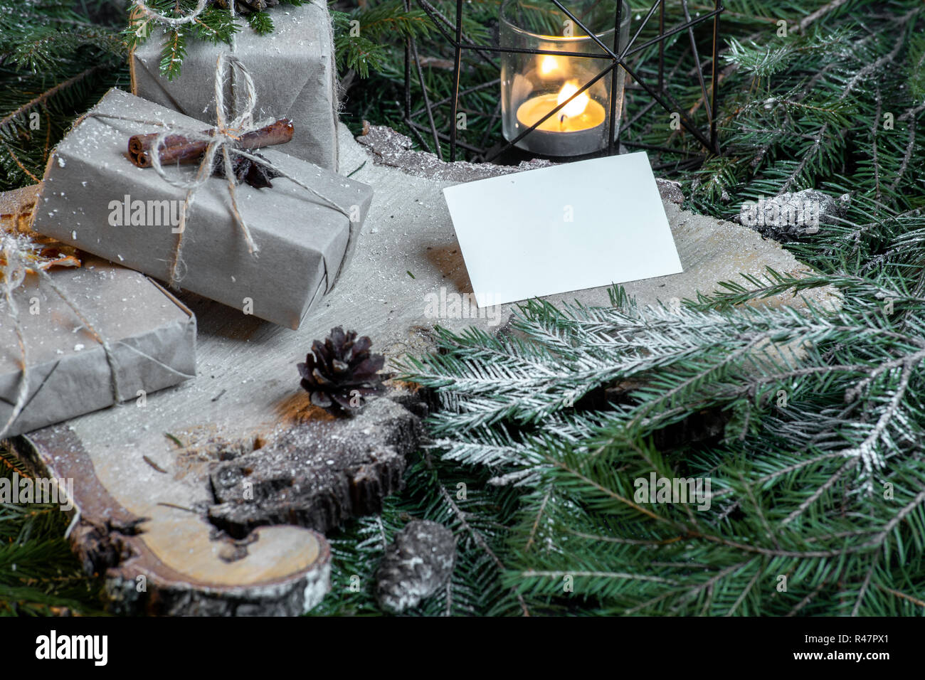 Blank business card on christmas tree branches, new year decor and gift ...