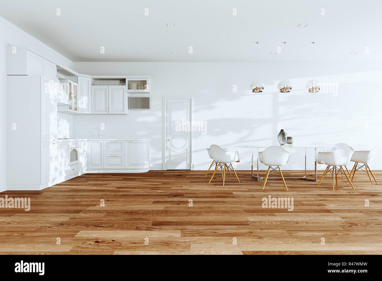 White classic kitchen interior and dining 3d render Stock Photo - Alamy