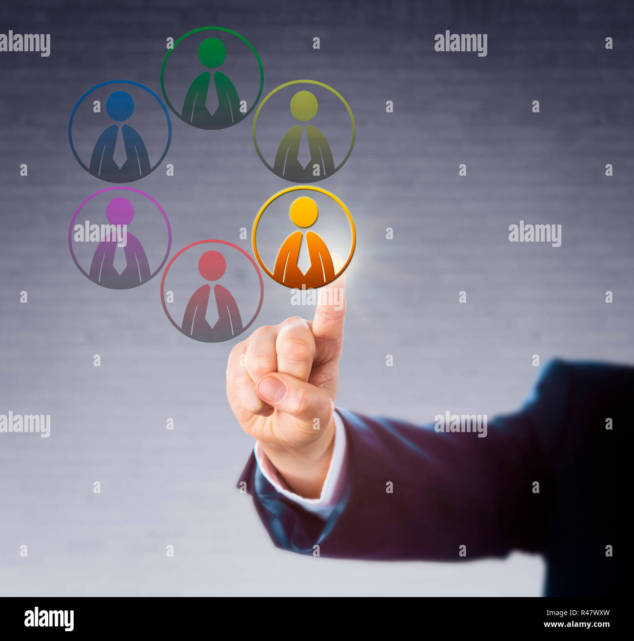 Choosing One Of Six Differently Colored Workers Stock Photo - Alamy