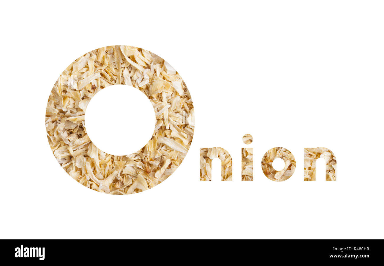 The word Onion with dried onion slices isolated on white Stock Photo ...