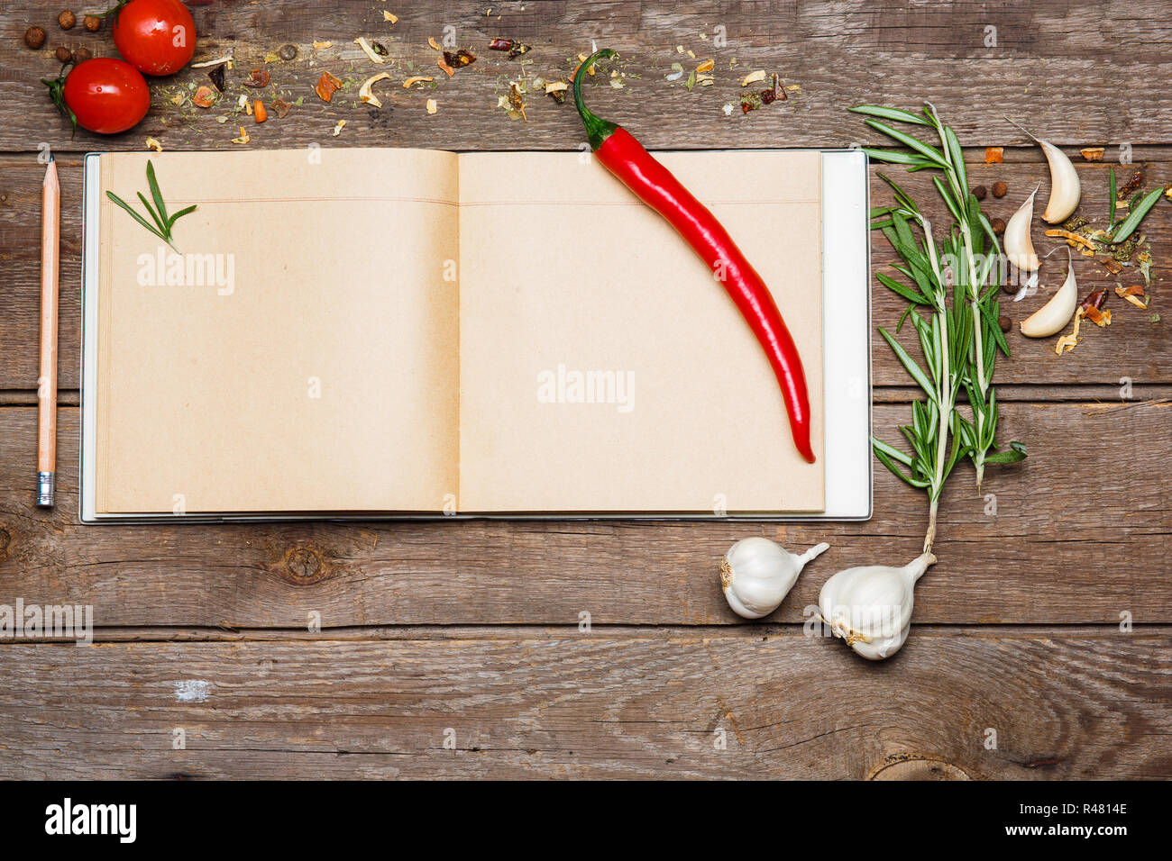Open blank recipe book on brown wooden background Stock Photo - Alamy
