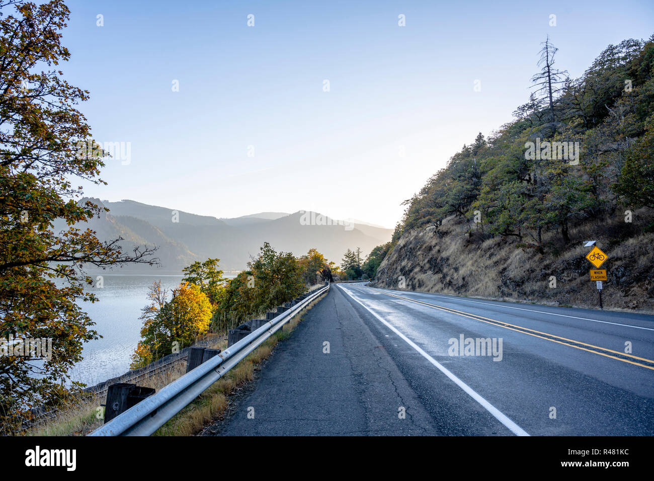 Autumn landscape a highway along the Columbia River with a restrictive ...