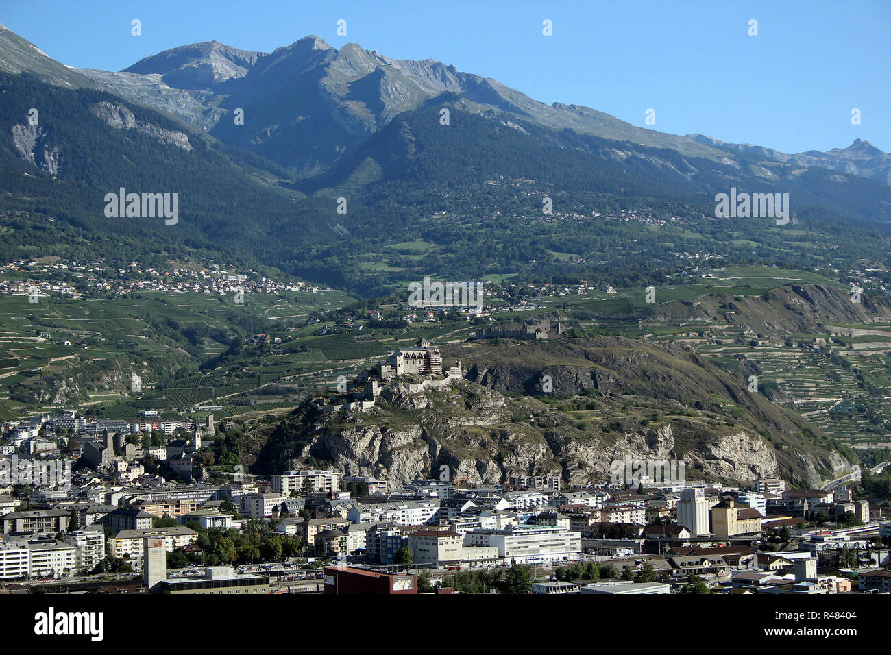 overlooking the town of sion in the rhone valley,valais,switzerland ...