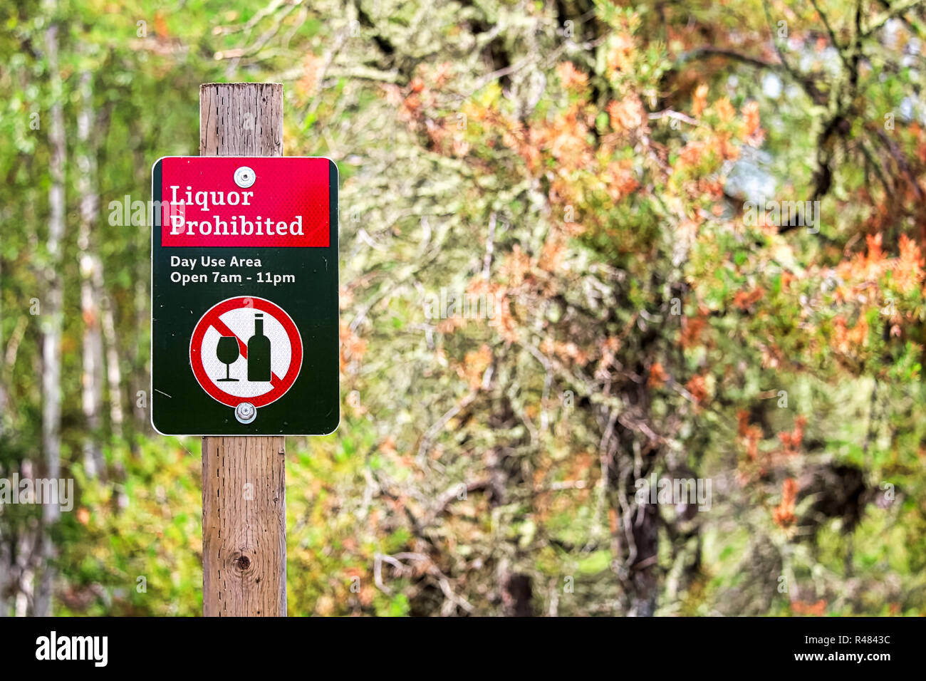 A liquor prohibited day use sign with trees in the background Stock ...