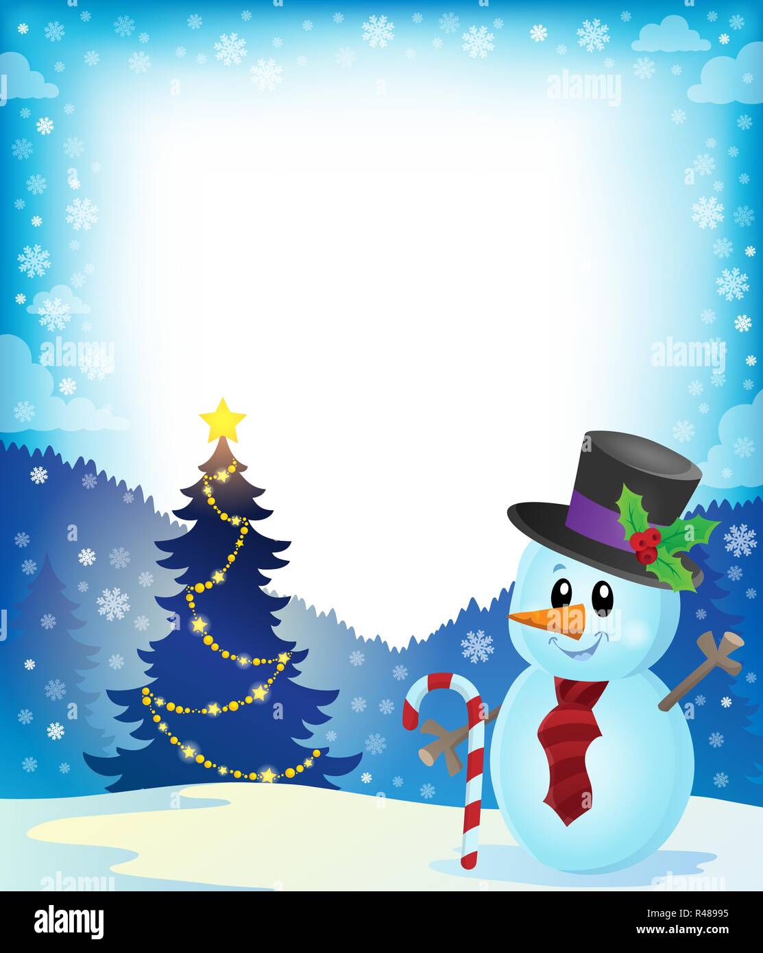 Frame with Christmas tree and snowman 2 Stock Photo - Alamy
