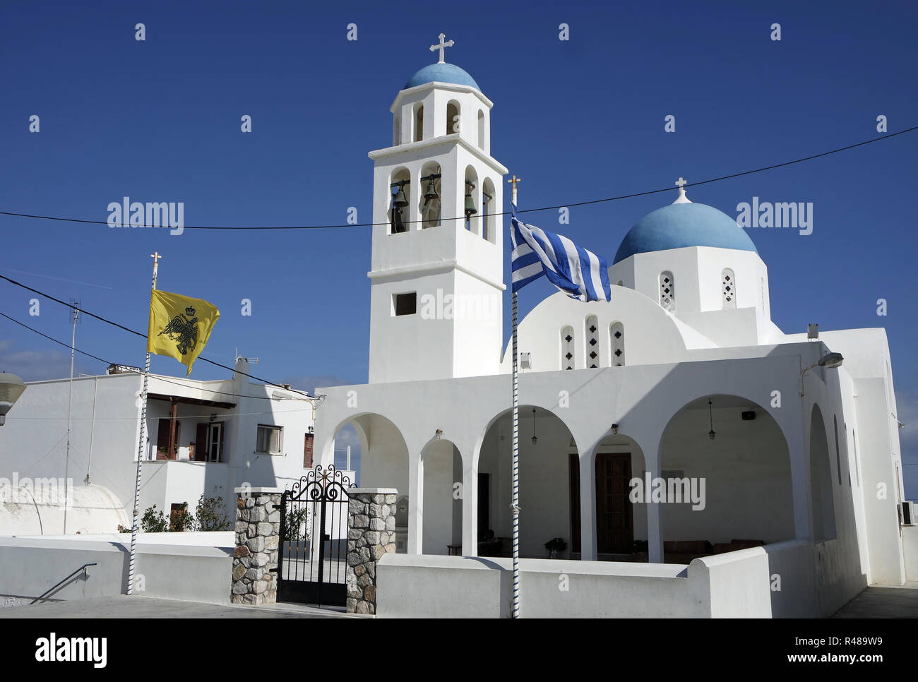 traditional church in small greece village on santorini Stock Photo - Alamy