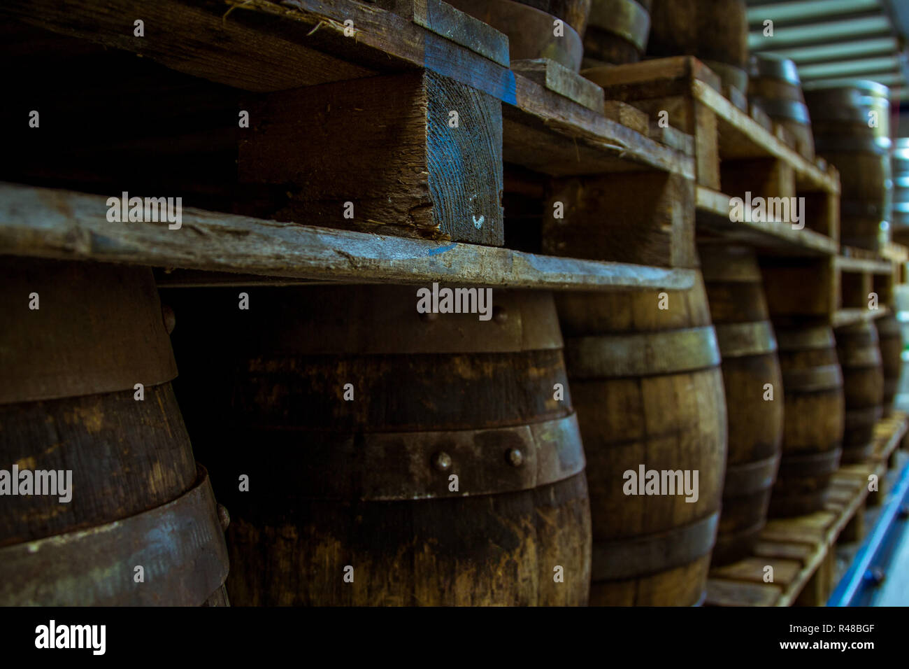 wooden barrels on a truck - traditional storage of beer and other ...