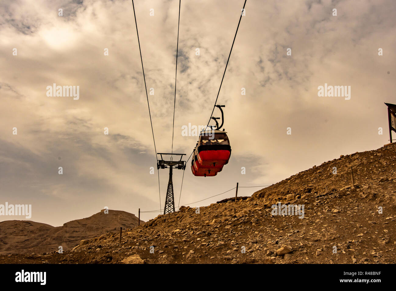close-up of the Jericho cable car that travels from the city to the ...