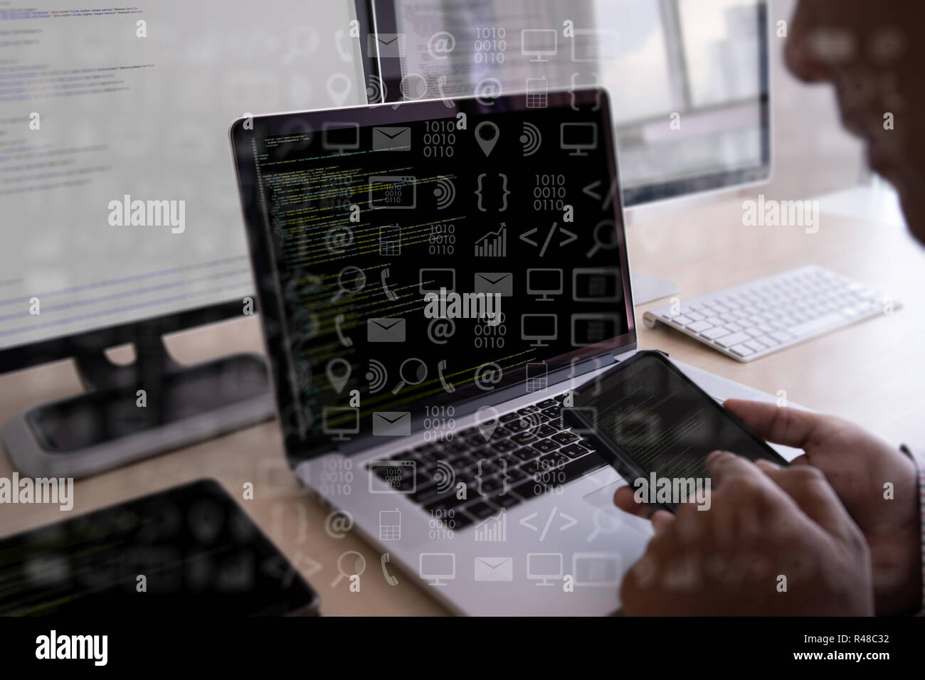 Man Work Coding Software Developer Programmer Is Coding On A Desktop