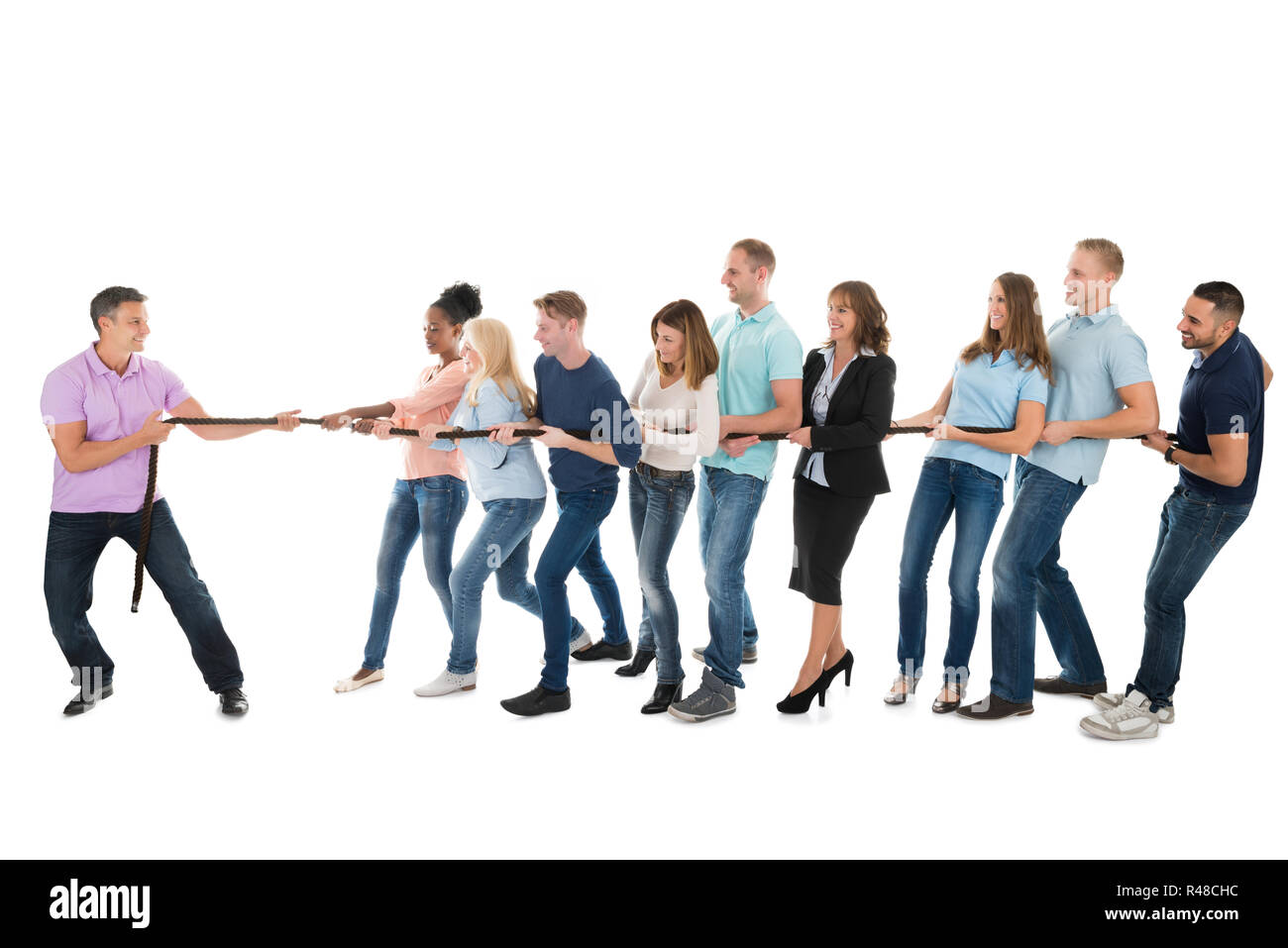 Leader Pulling Creative Business Team While Playing Tug Of War Stock ...