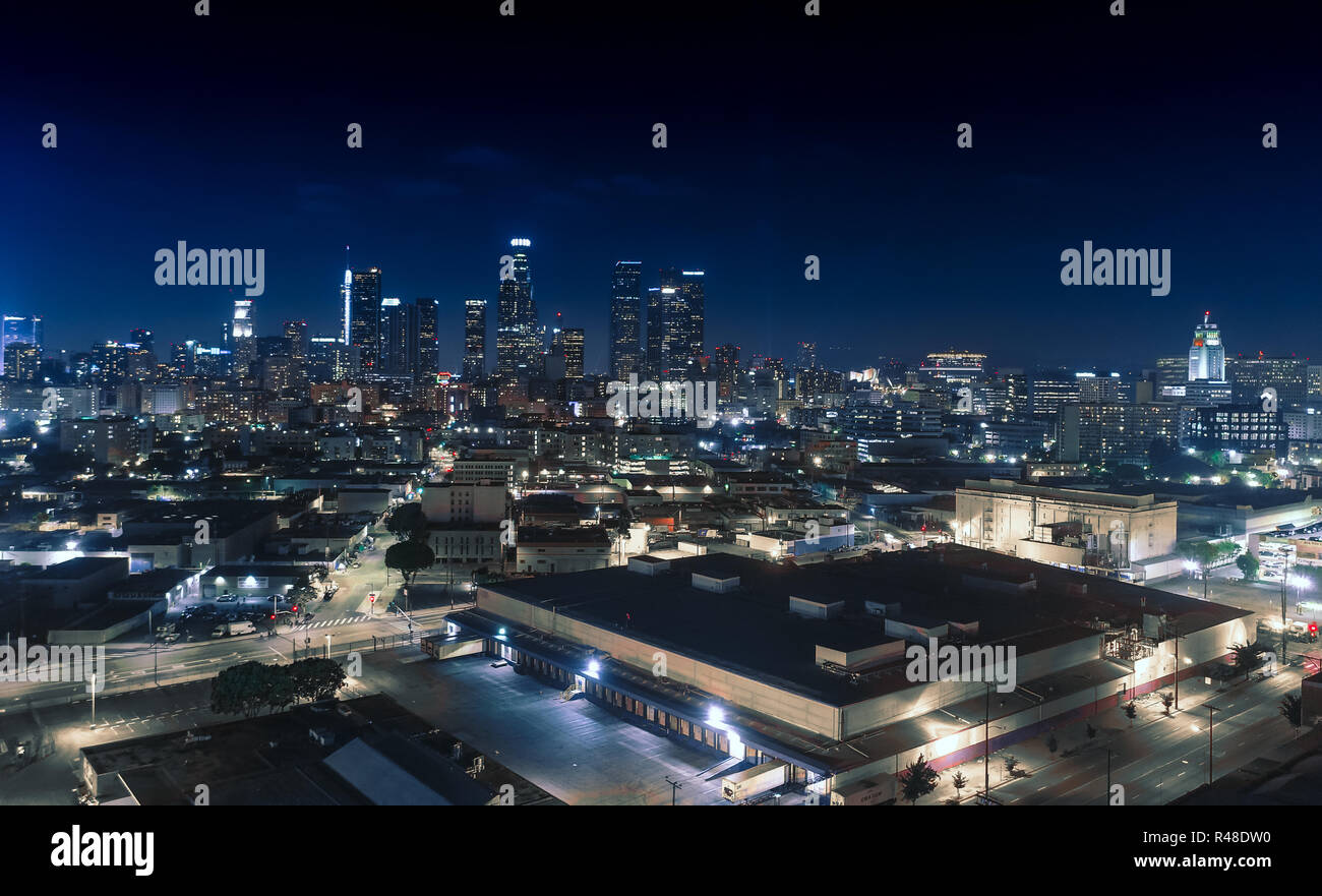 Downtown LA Cityscape Skyscrapers Aerial View Night Sky City Street ...