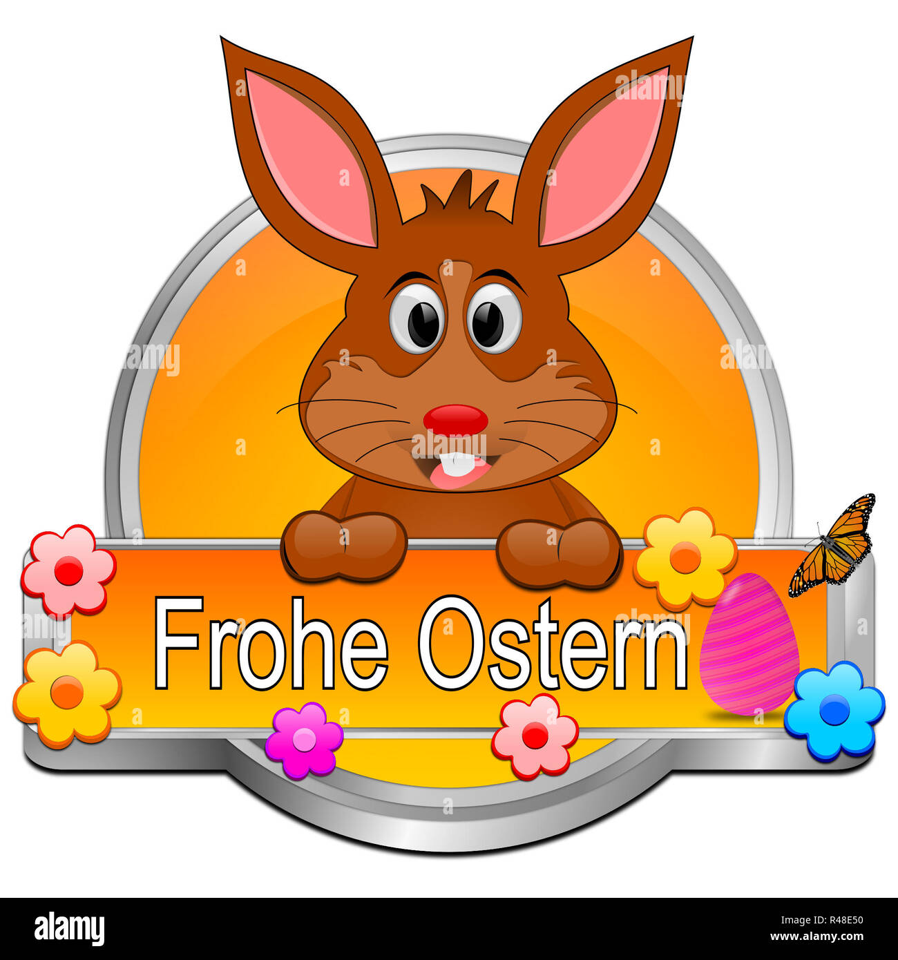 Easter bunny wishing happy easter button - in german Stock Photo - Alamy