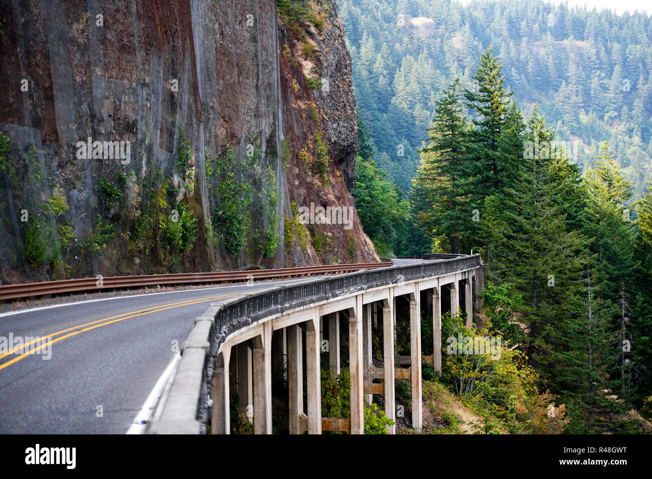 Transportation bridge with lot of support poles on the cliff on a rock ...