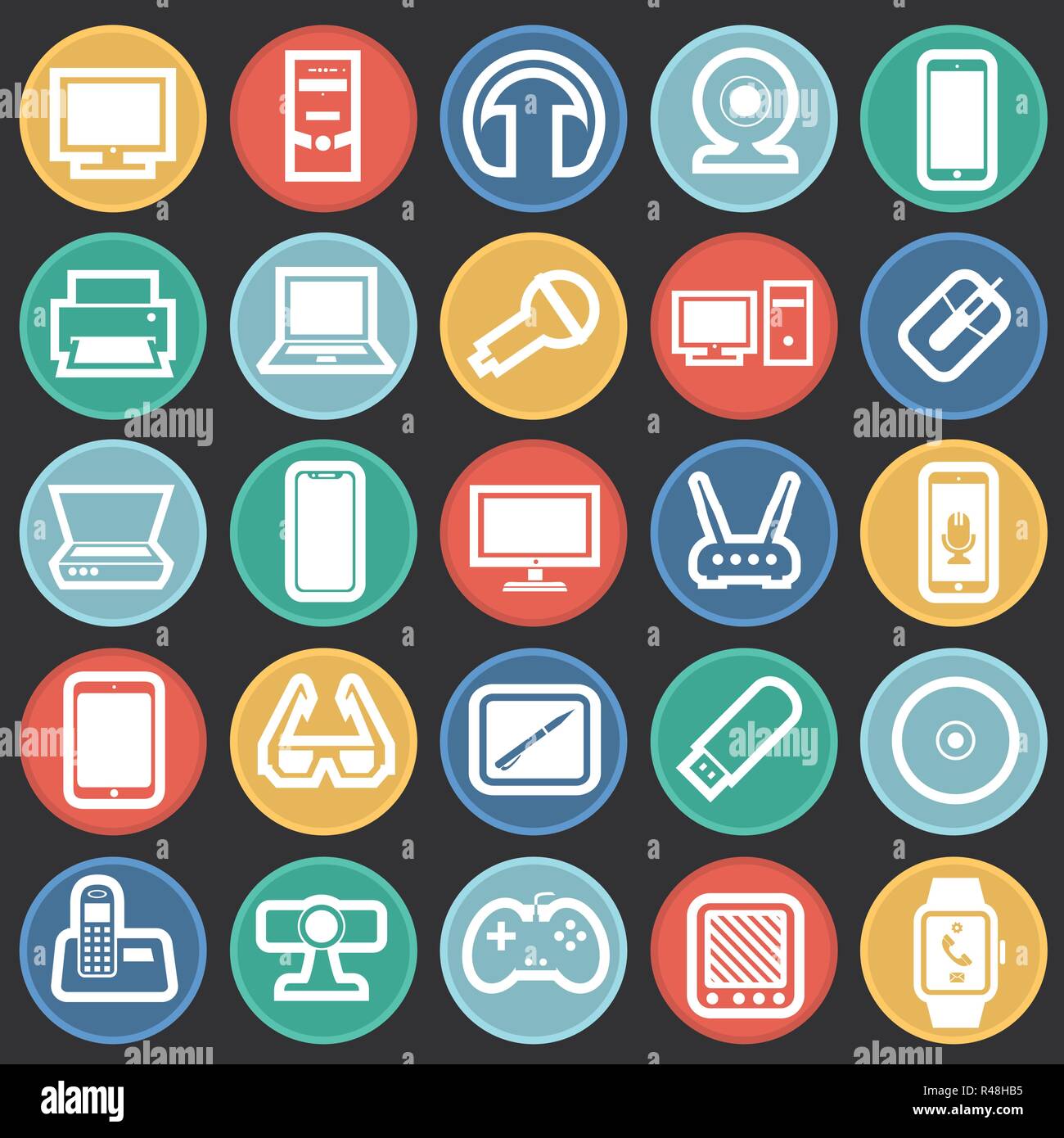 Cool gadgets and electronic devices set on color circles black ...