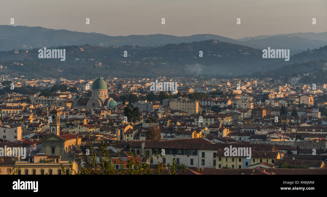 Aerial view of Florence (Italy) at sunrise. Florence was a centre of ...