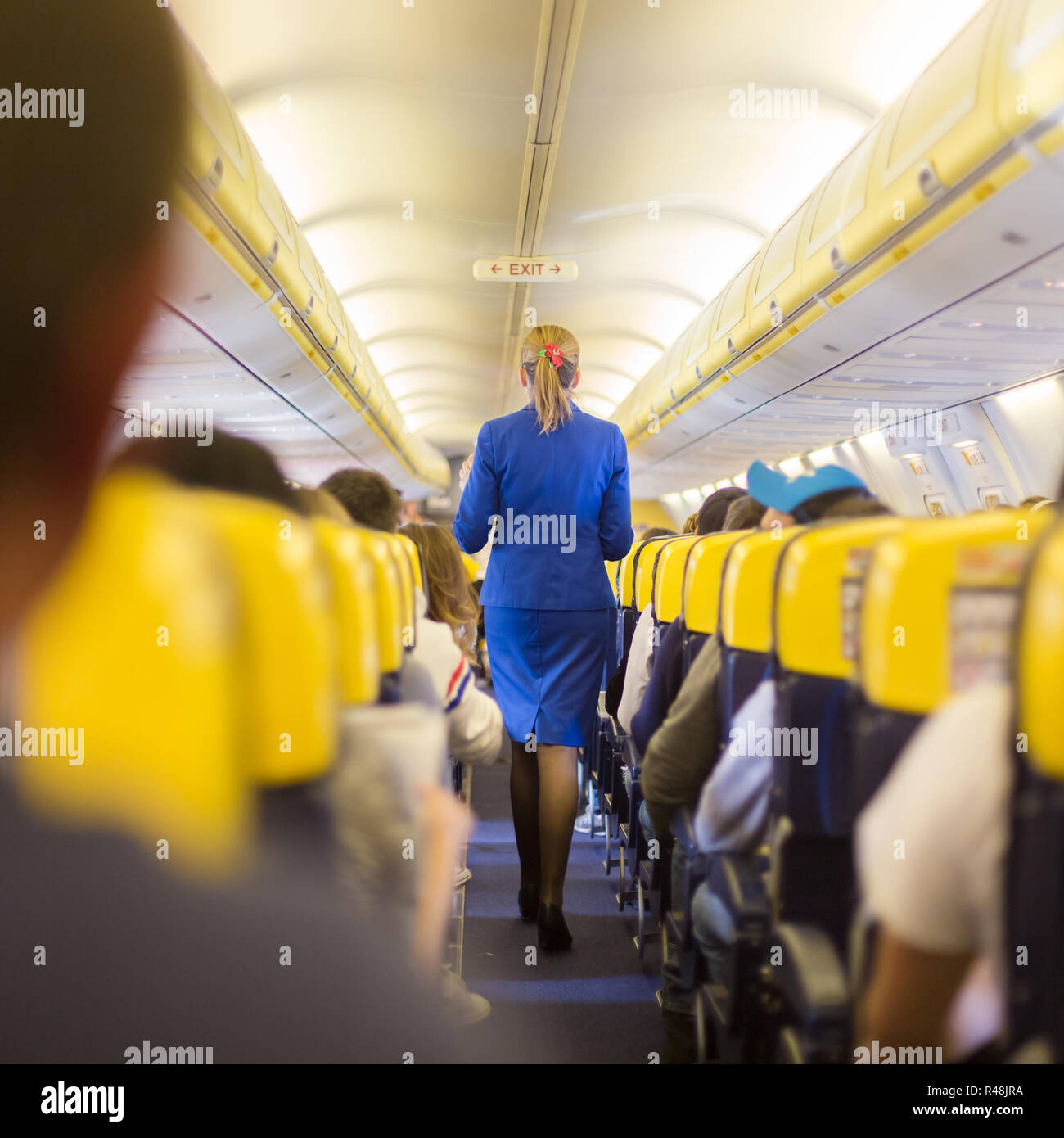 Stewardess and passengers on commercial airplane Stock Photo - Alamy
