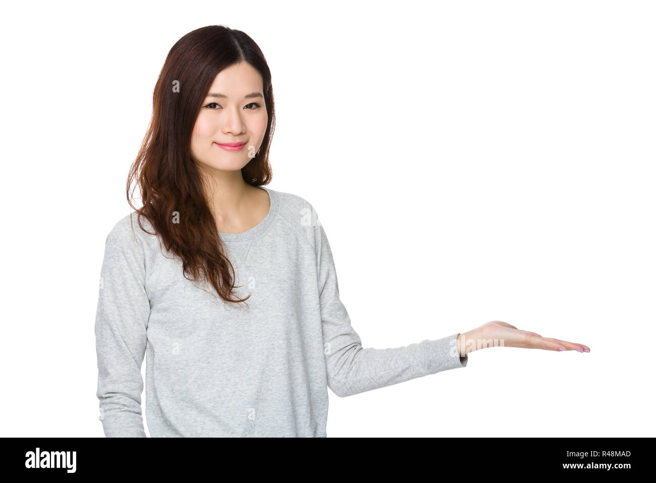 Woman with open hand palm Stock Photo - Alamy