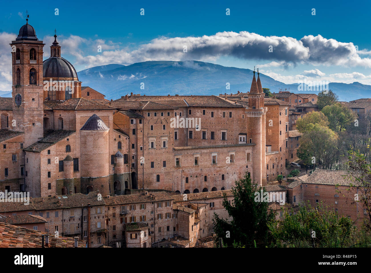 Aerial view of the Urbino Ducal Palace medieval world heritage site in ...