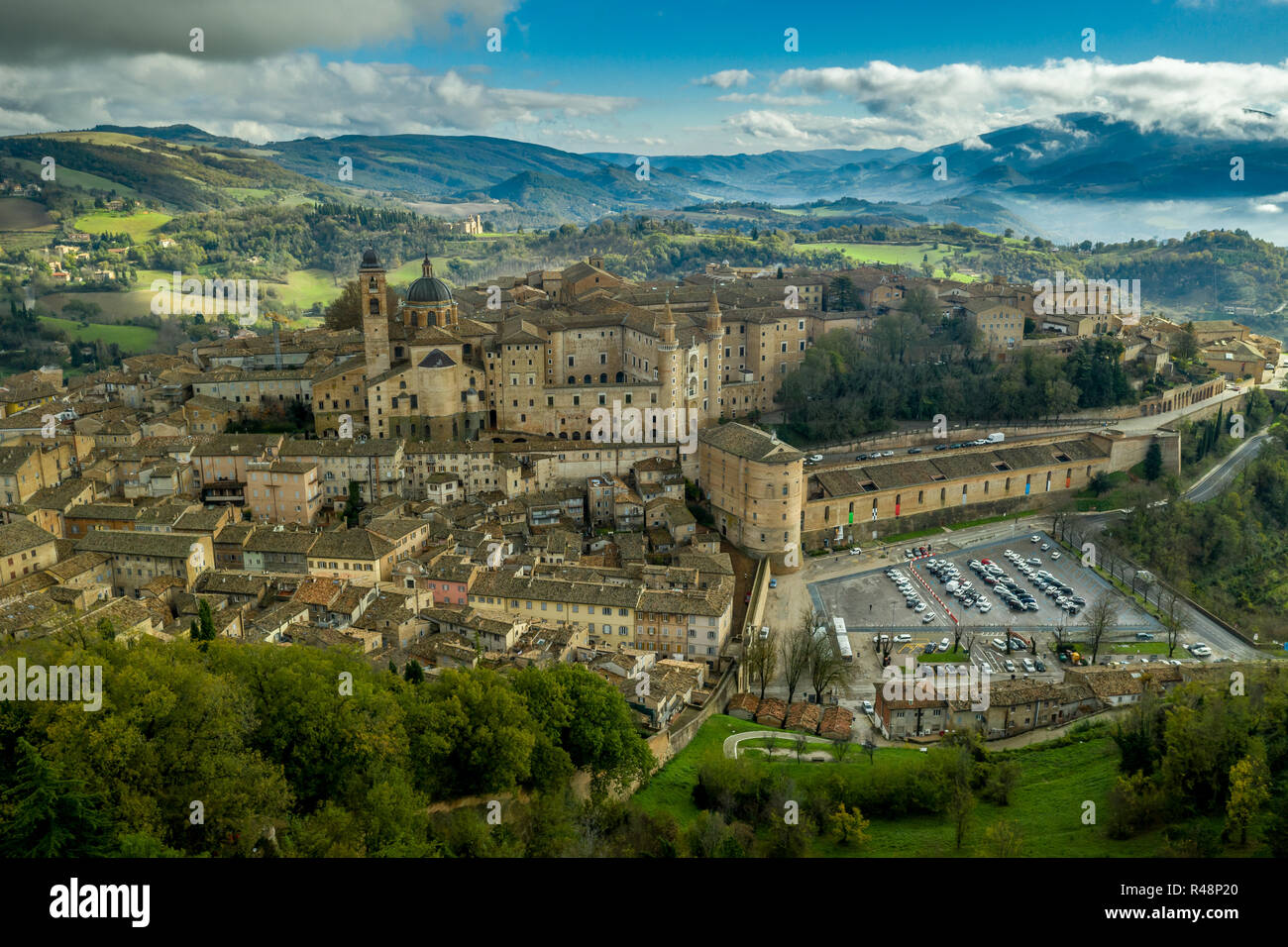 Aerial view of the Urbino Ducal Palace medieval world heritage site in ...