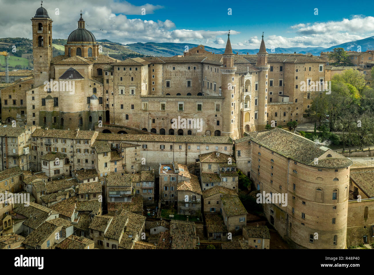 Aerial view of the Urbino Ducal Palace medieval world heritage site in ...