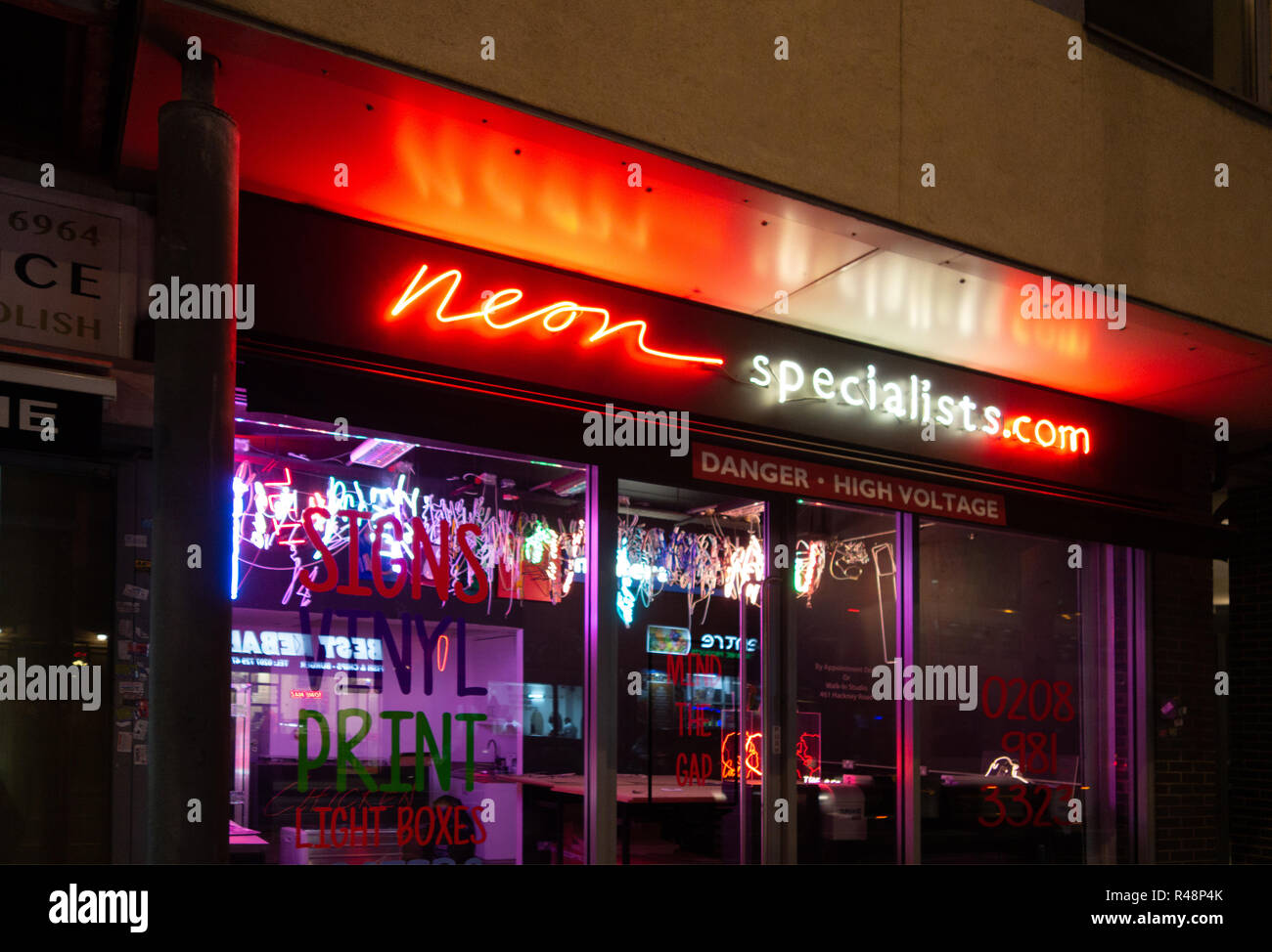 Neon sign, the word Neon is written in Neon Light, seen in Hackney ...