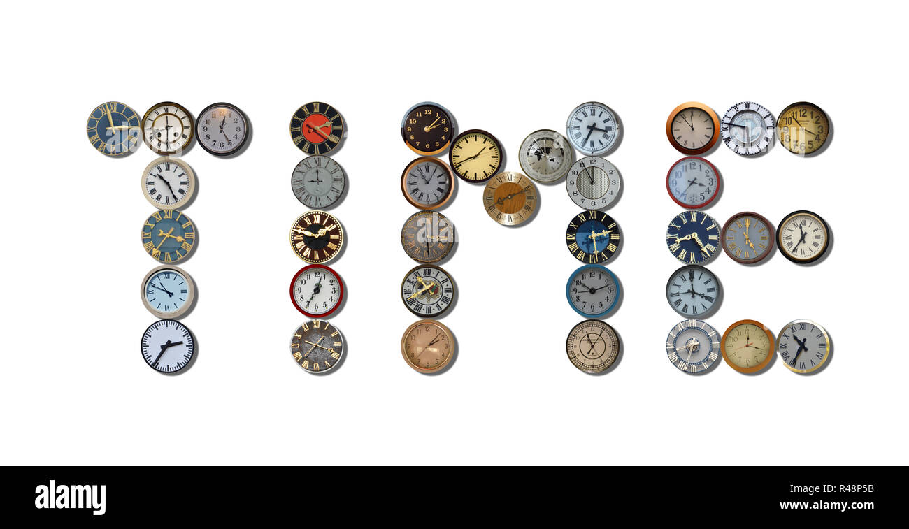 different clocks together form the word time Stock Photo - Alamy