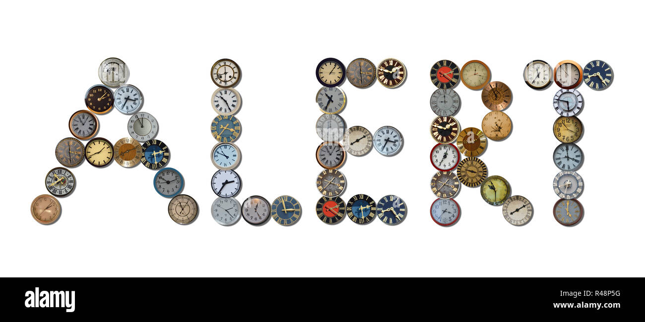 different clocks together form the word alert Stock Photo - Alamy