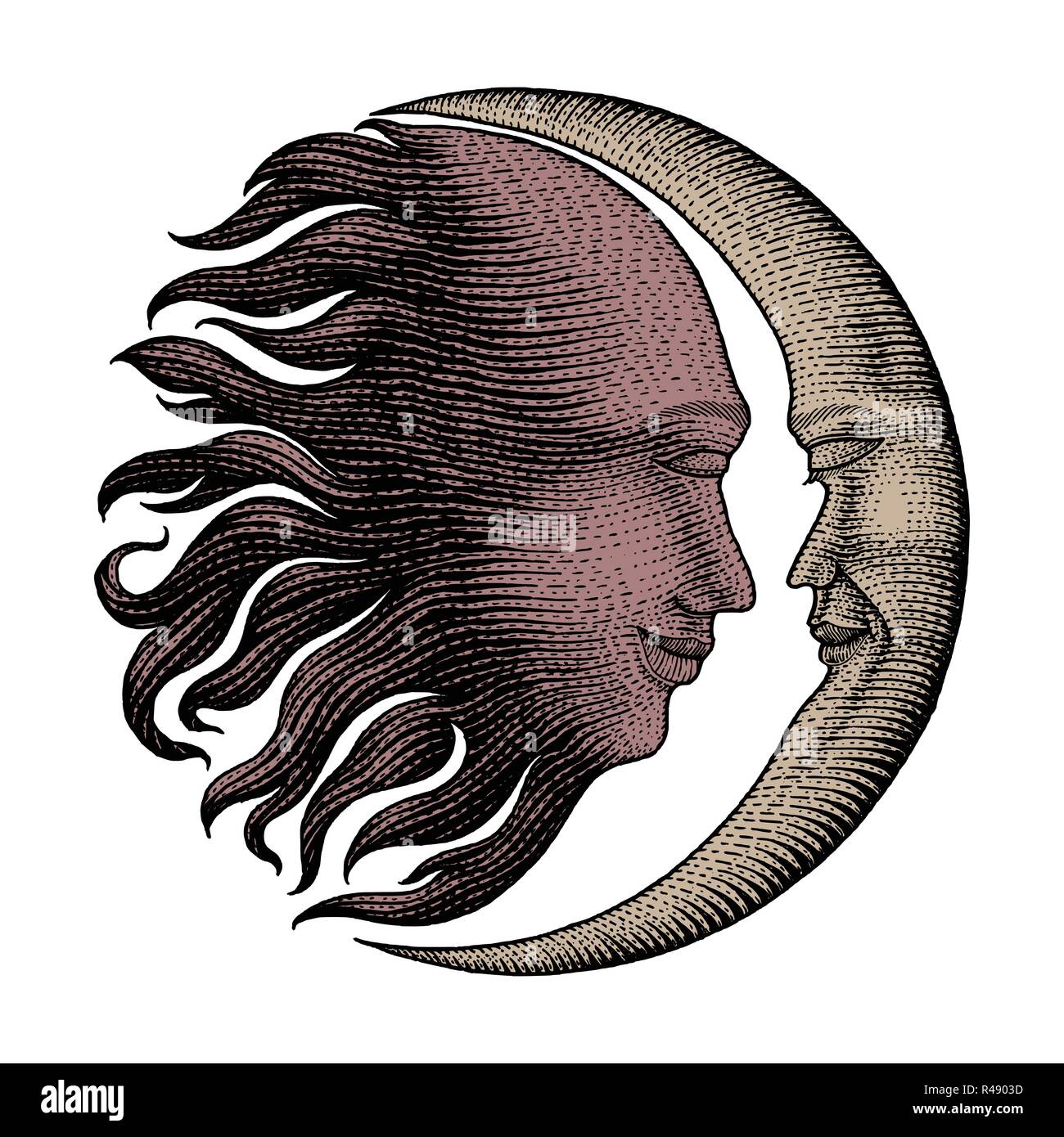Face in Sun and Moon hand drawing vintage engraving money line detail ... Face in Sun and Moon hand drawing vintage engraving money line detail ...