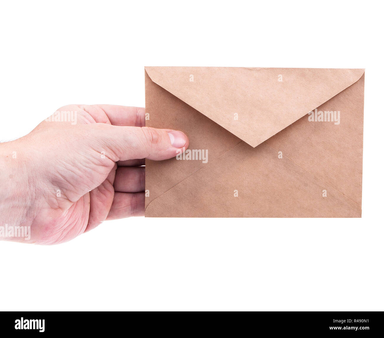 hand holding envelopes with letters on the white background isolated ...