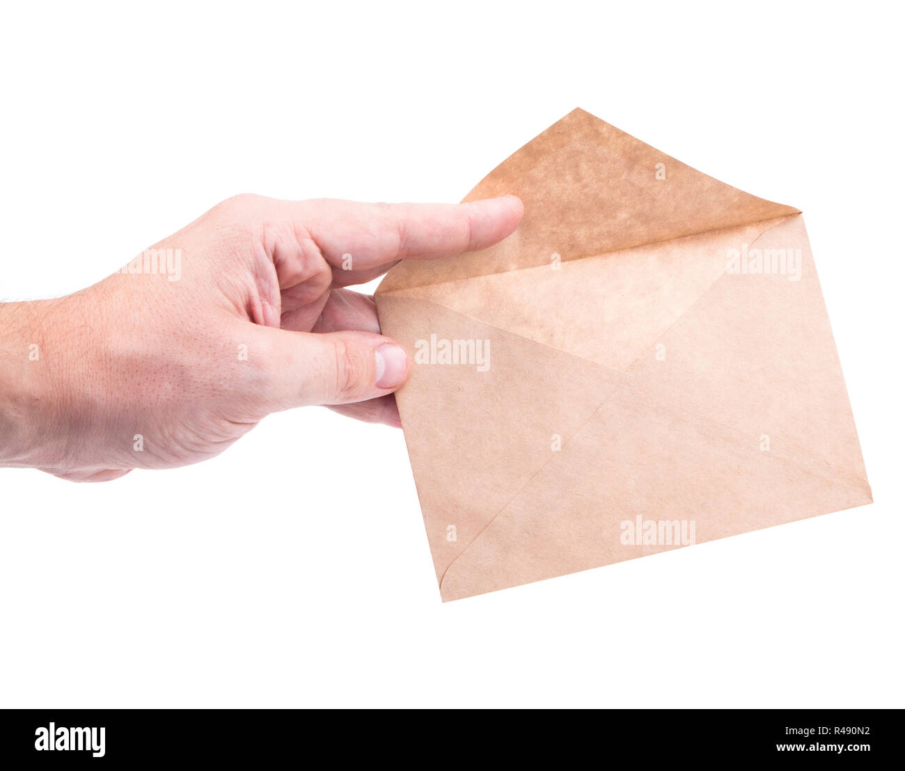 hand holding envelopes with letters on the white background isolated ...