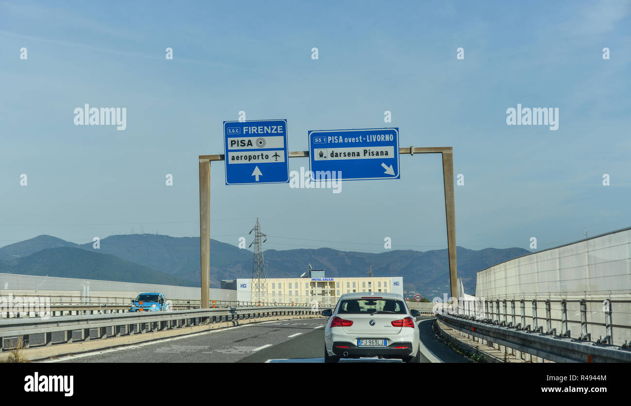 Rome, Italy - Oct 13, 2018. Vehicles run on highway in Rome, Italy. The ...