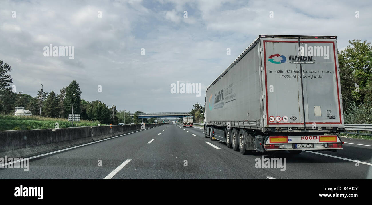 Rome, Italy - Oct 13, 2018. A heavy truck running on highway in Rome ...