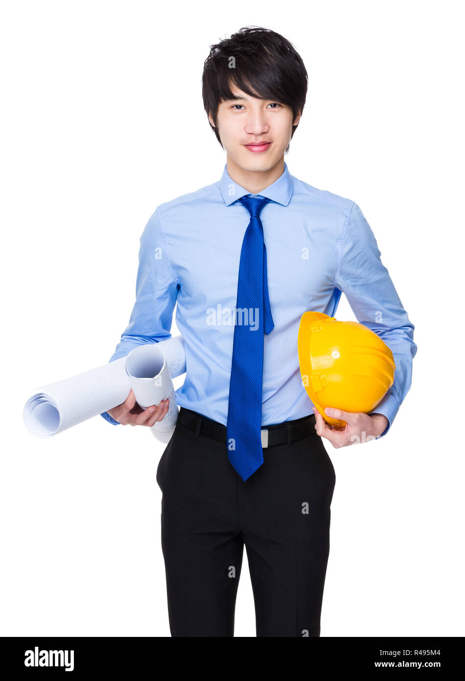 Asian engineer hold with layout drawing and yellow hardhat Stock Photo ...