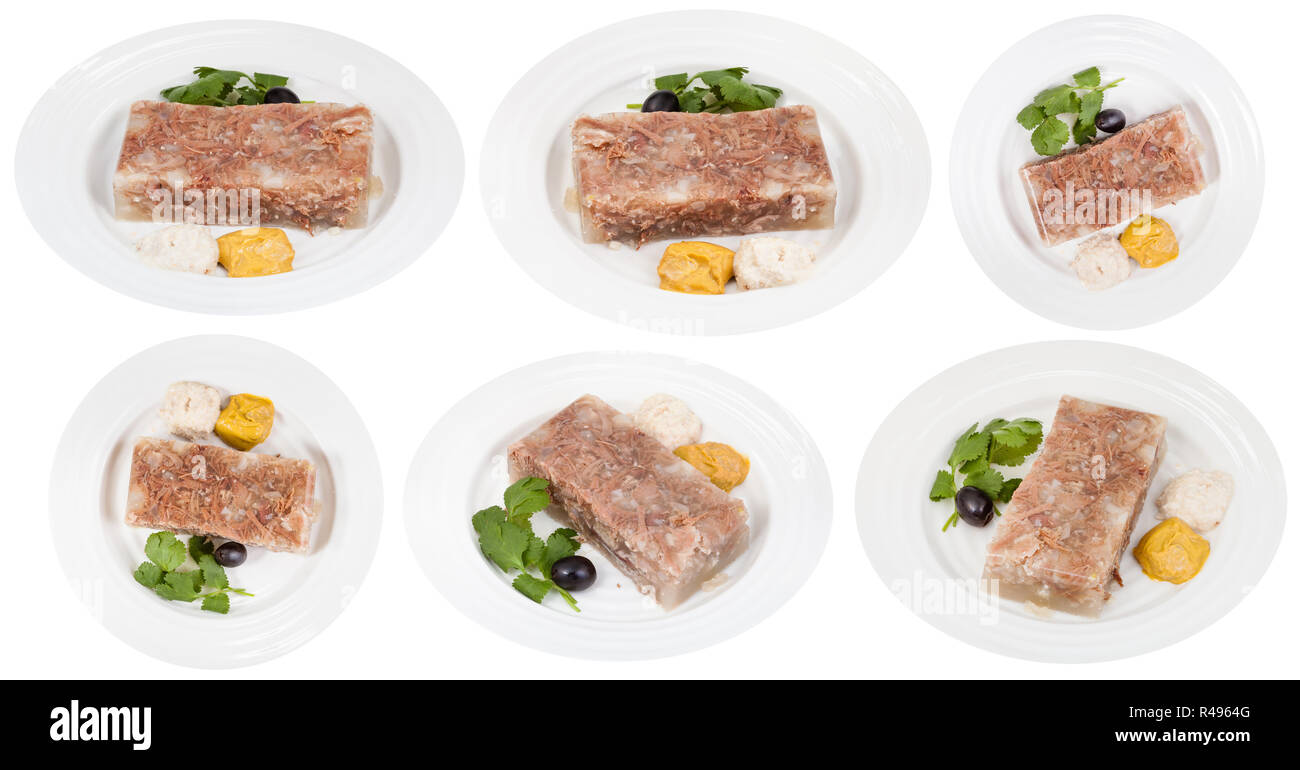 set of white plates with beef aspic isolated Stock Photo - Alamy