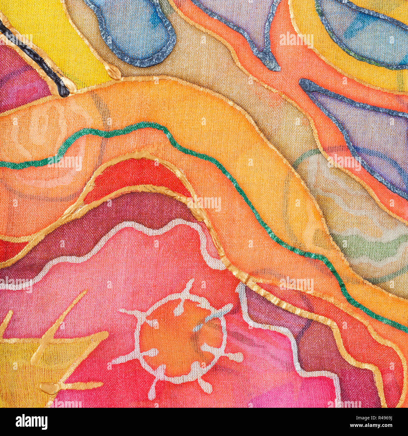 yellow, red, blue abstract pattern on silk batik Stock Photo - Alamy