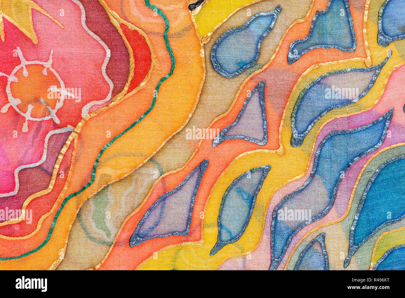 yellow, red, blue abstract ornament on silk batik Stock Photo - Alamy