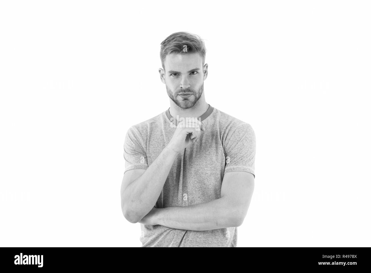 Making decision. Man bristle serious face making decision, white ...