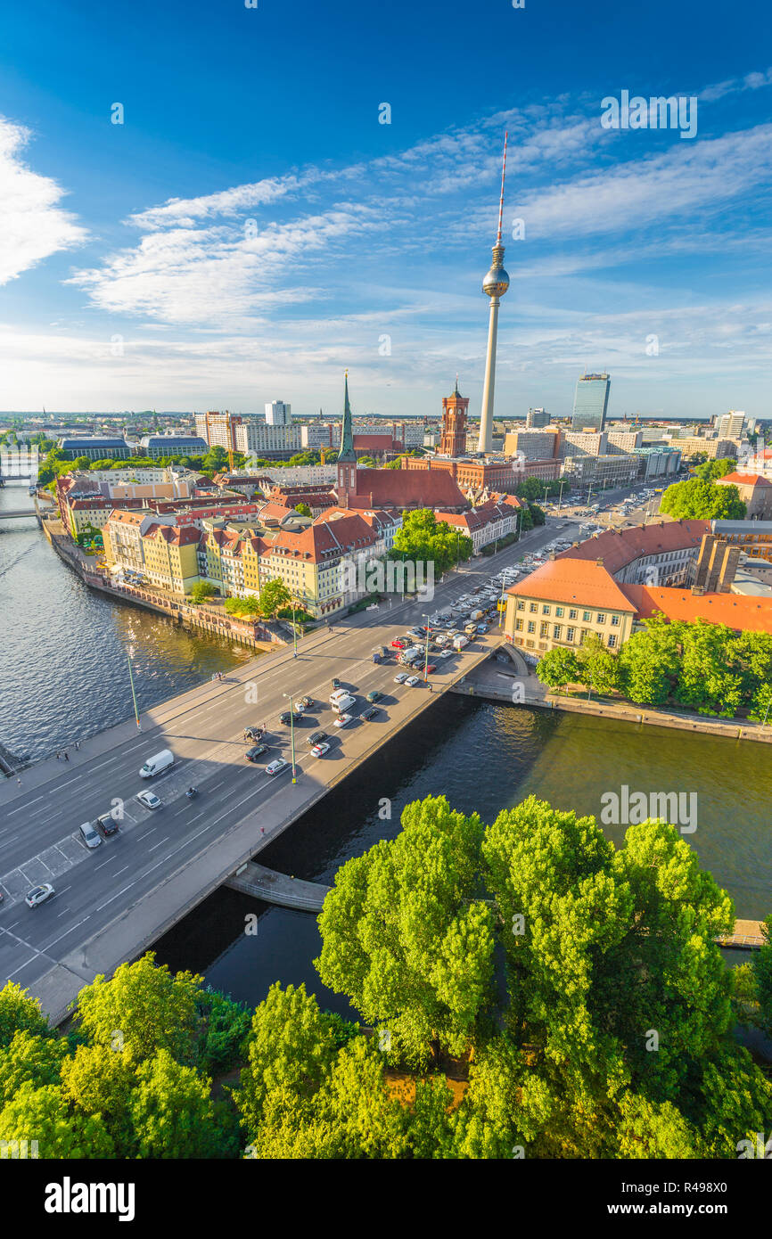 Aerial vertical view of Berlin skyline with famous TV tower and Spree ...