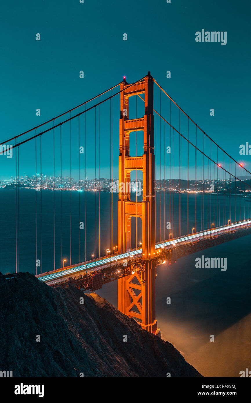 Classic vertical view of famous Golden Gate Bridge seen from Battery ...